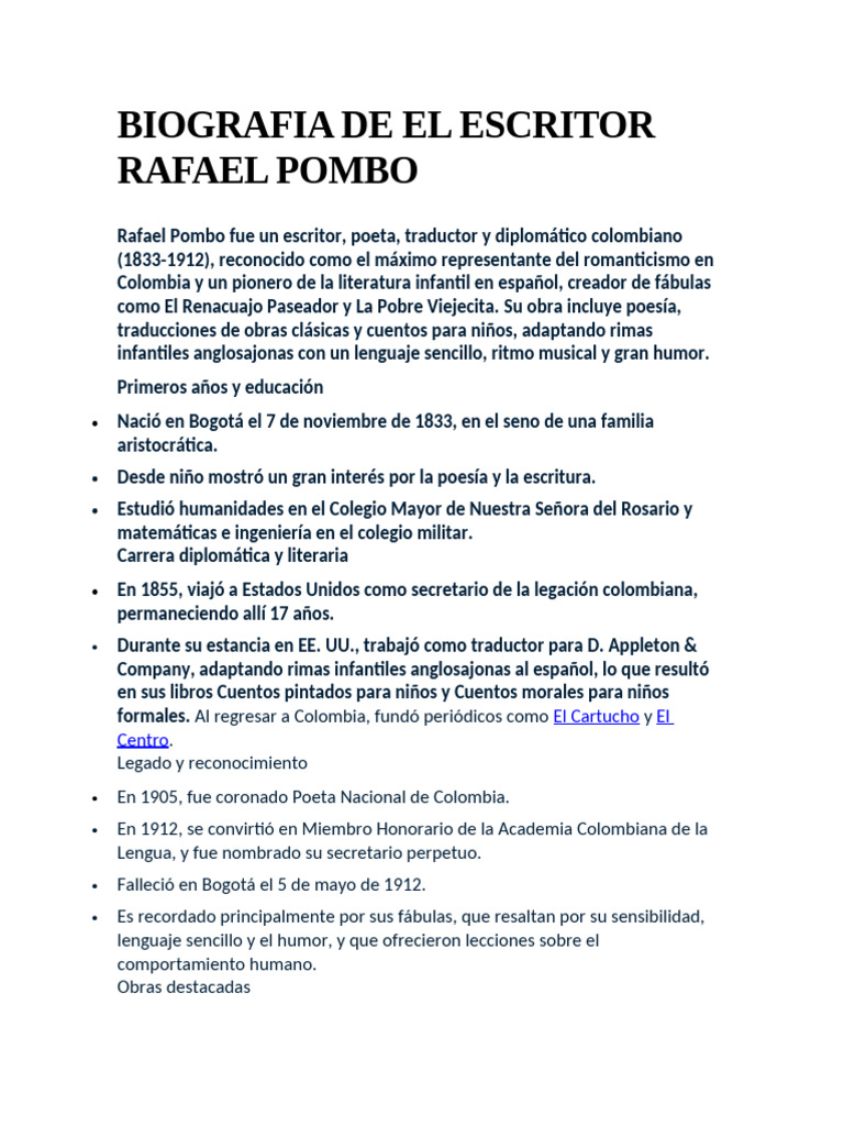 Biografia de El Escritor Rafael Pombo | PDF