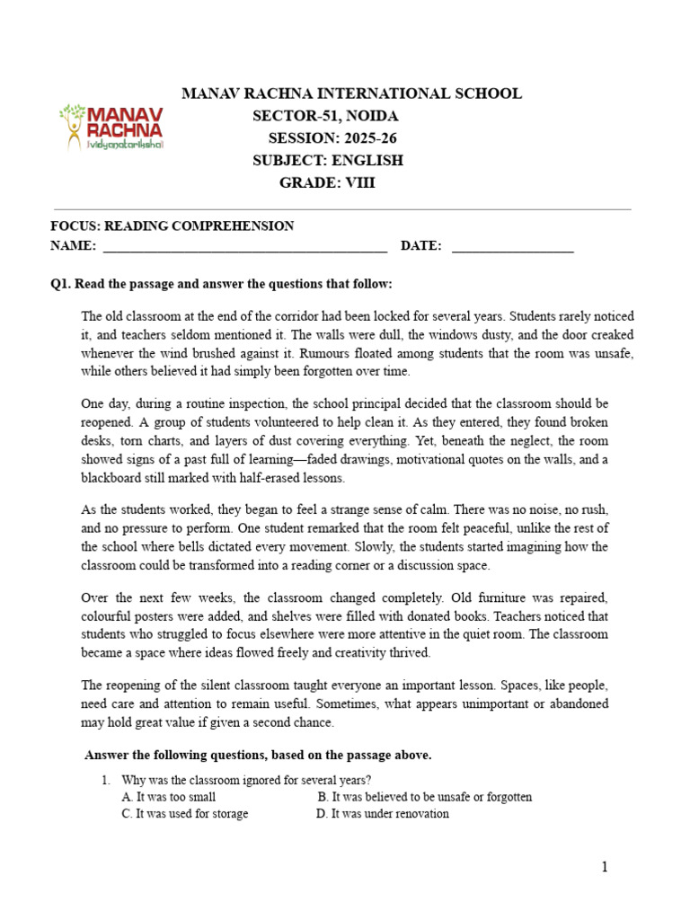 Grade 8- Reading Comprehension Worksheet_PA4 | PDF | Classroom