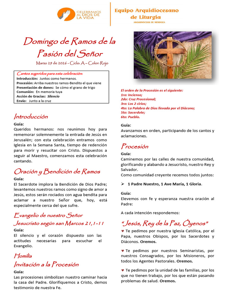 Bendición, Procesión y Misa Del Domingo de Ramos - 2026-1 | PDF ...