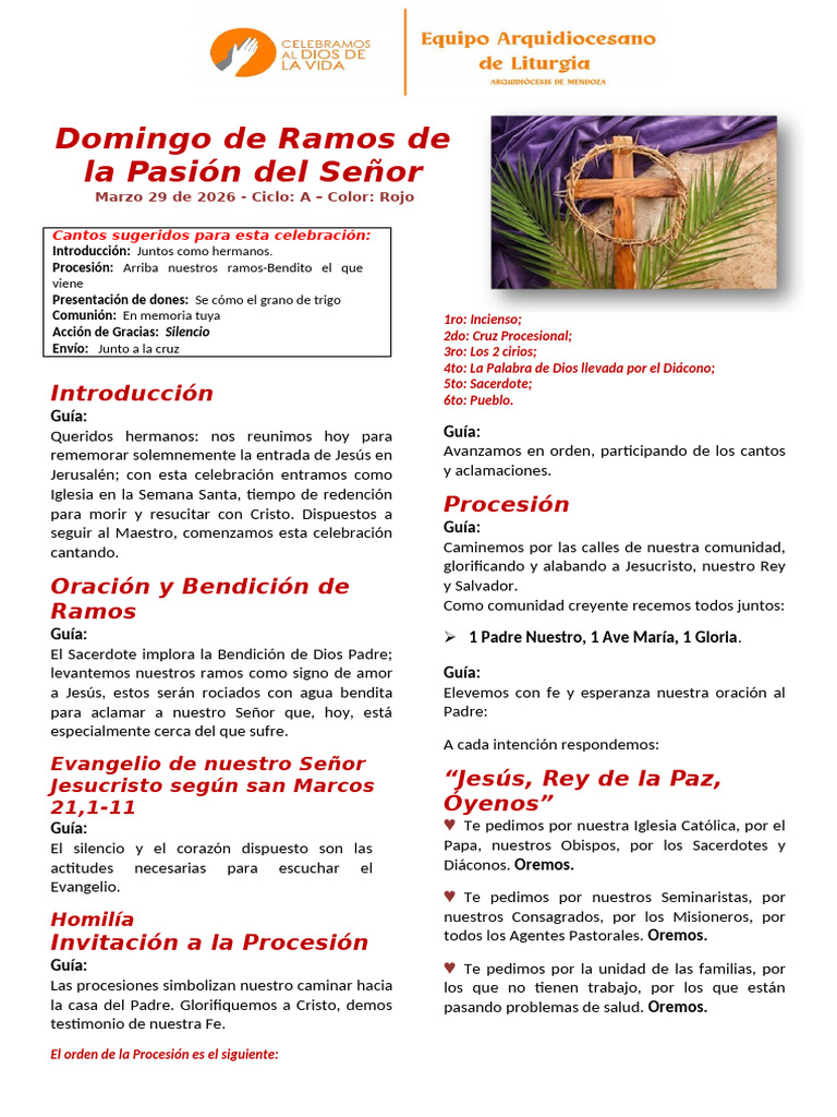 Bendición, Procesión y Misa Del Domingo de Ramos - 2026 | PDF ...