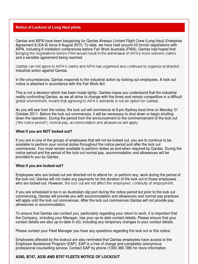 Notice of Lockout of Long Haul Pilots | PDF | Lockout (Industry ...