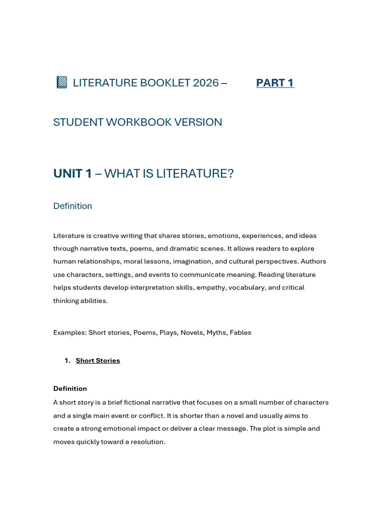 Literature Booklet - Part 1 | PDF | Narrative | Plot (Narrative)