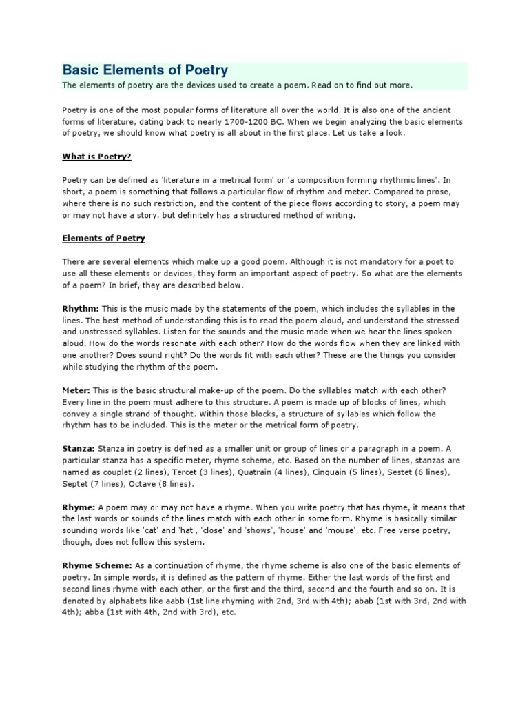 Basic Elements of Poetry.. | PDF | Metre (Poetry) | Poetry