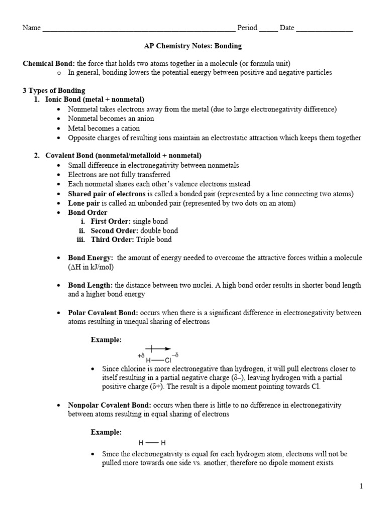 AP Chem Bonding Notesheet | PDF | Chemical Bond | Ion