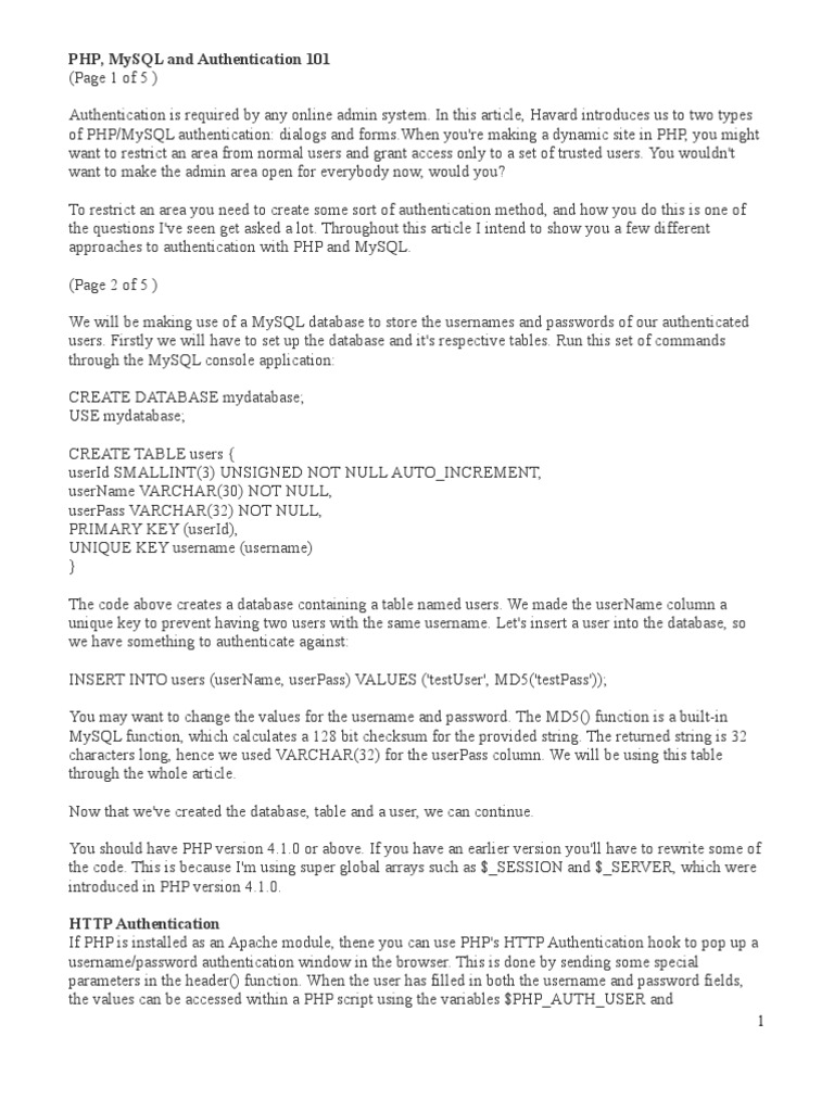 PHP, Mysql and Authentication 101 | PDF | Php | Data Management