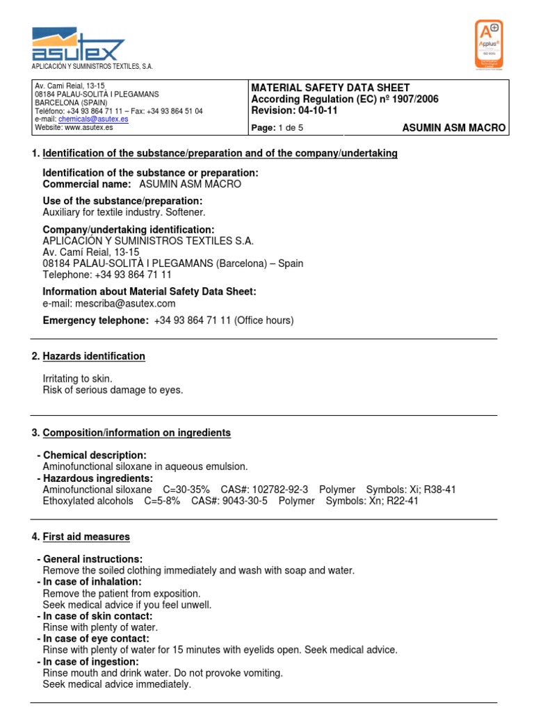 Material Safety Data Sheet for ASUMIN ASM MACRO Auxiliary Textile ...