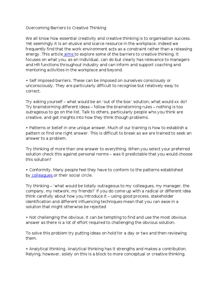 Overcoming Barriers To Creative Thinking | Download Free PDF | Thought ...