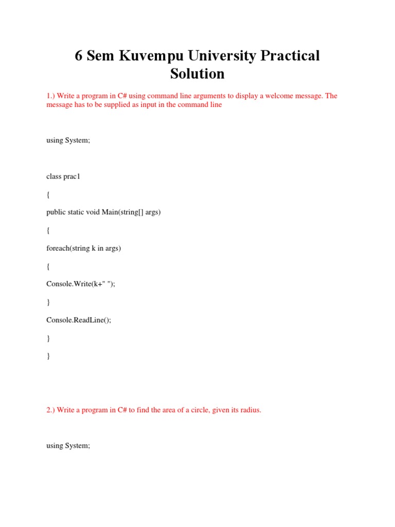 6 Sem Kuvempu University Practical Solution Pdf C Sharp Programming Language Command