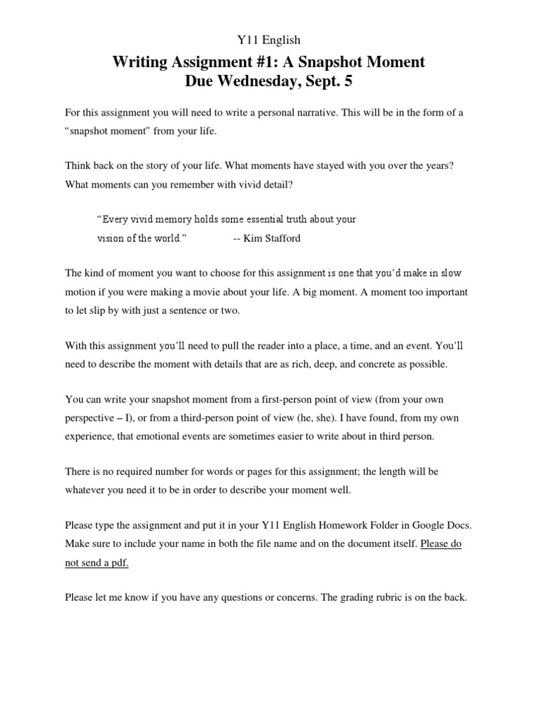 Writing Assignment 1 Snapshot Moment | PDF | Narration | Cognition