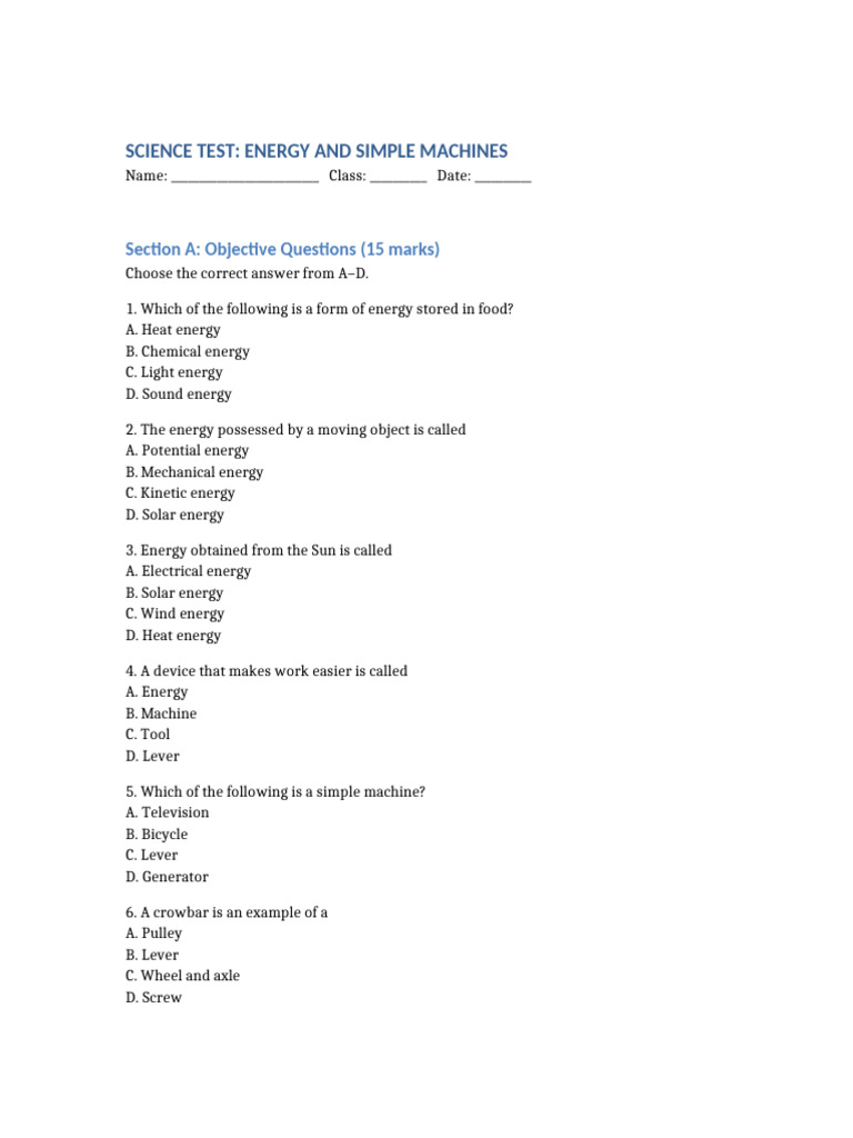 Energy Simple Machines Test | PDF