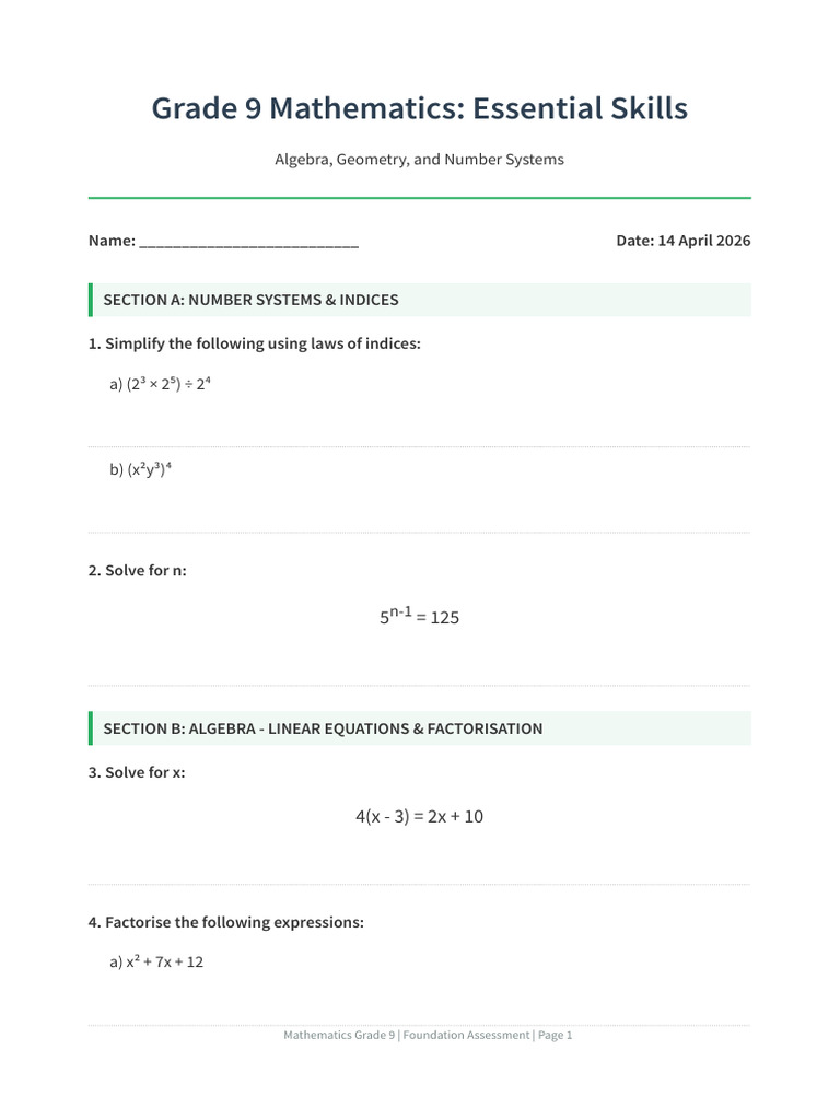 Grade 9 Maths Worksheet | PDF