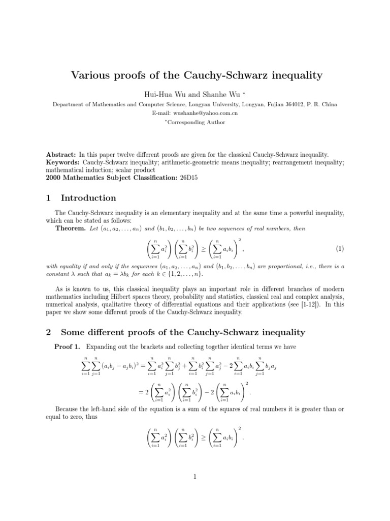 Various Proofs of The Cauchy-Schwarz Inequality | PDF | Teaching Mathematics | Mathematical Analysis