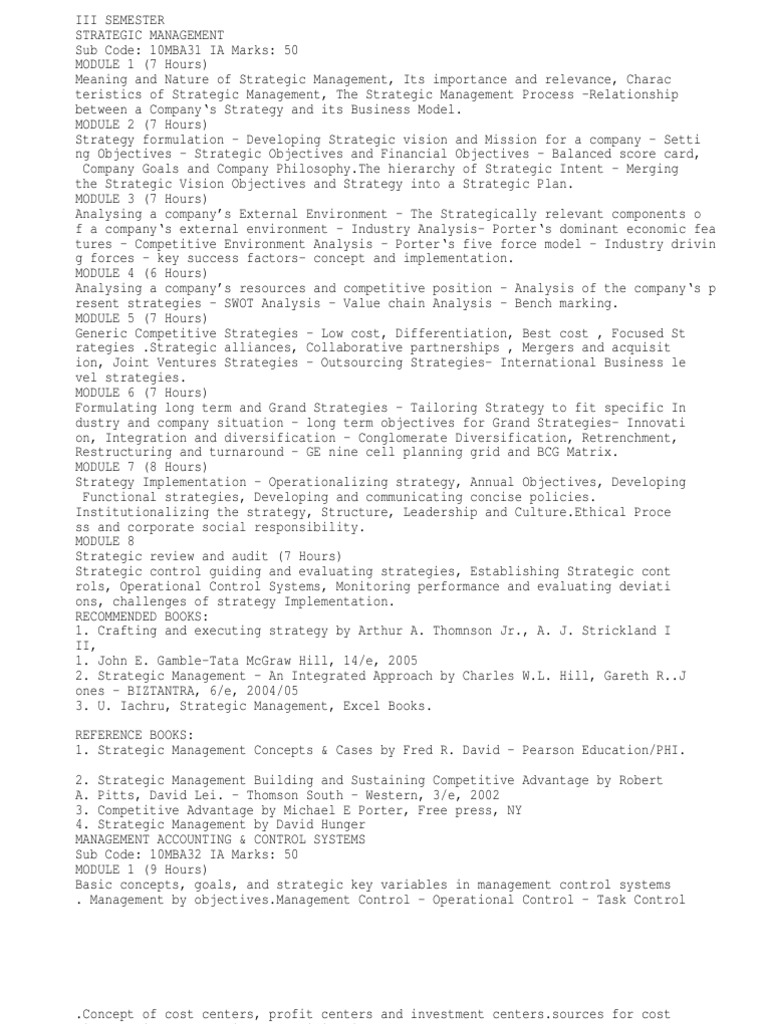 Mba Vtu 3 Sem Syullabus | PDF | Strategic Management | Mergers And ...
