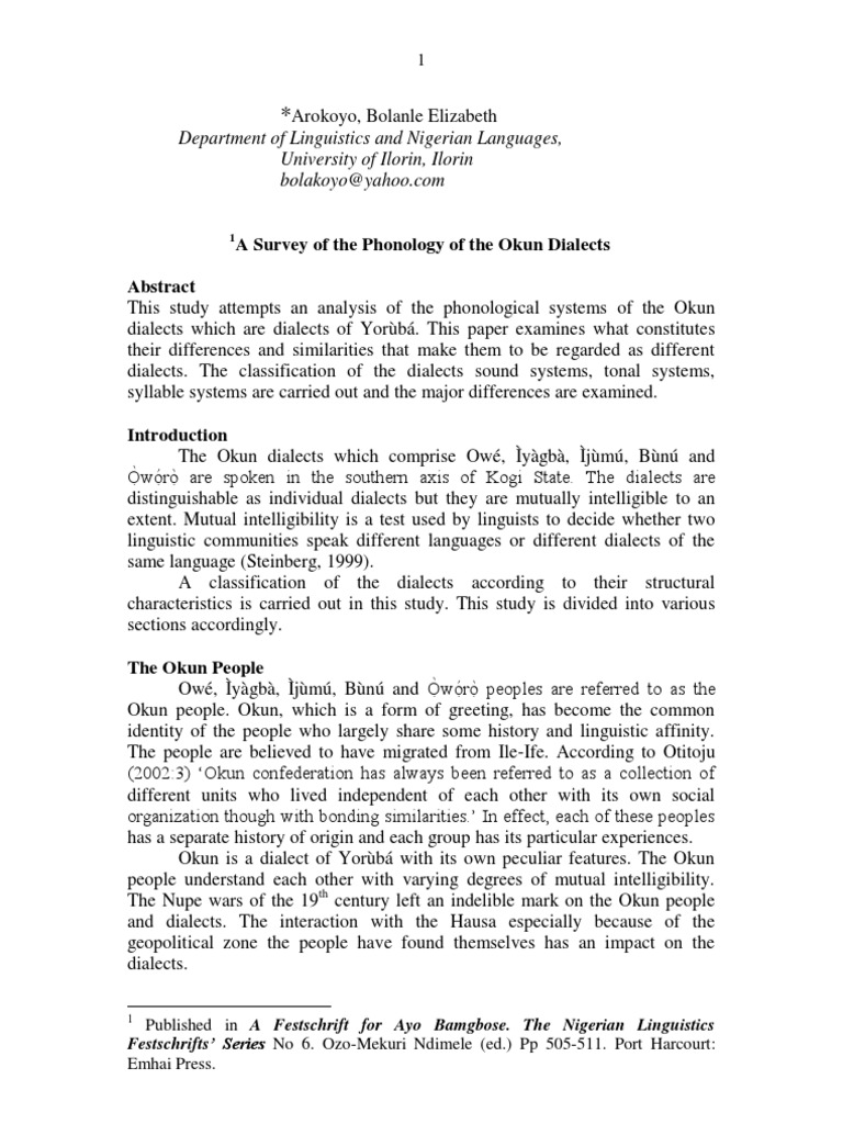 Phonology of Okun Dialects Analysis | PDF | Syllable | Consonant
