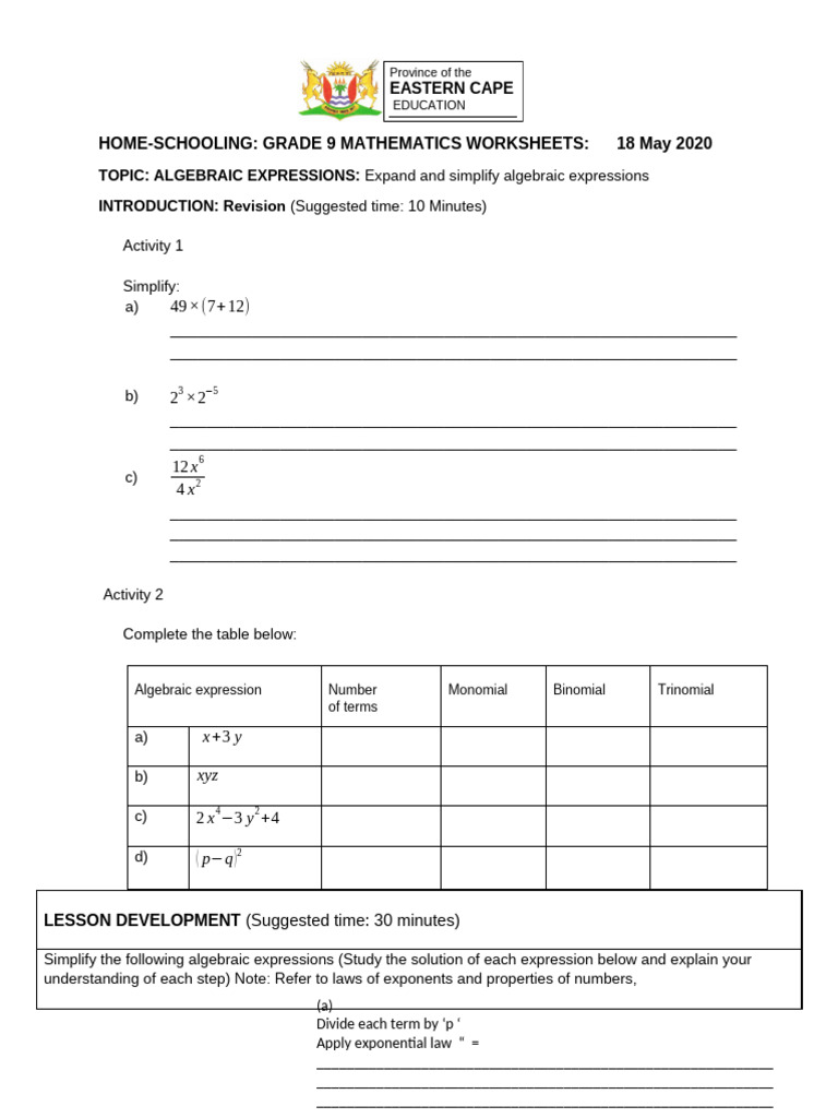 Mathematics - Grade 9 Worksheet- Algebraic Expressions | PDF ...