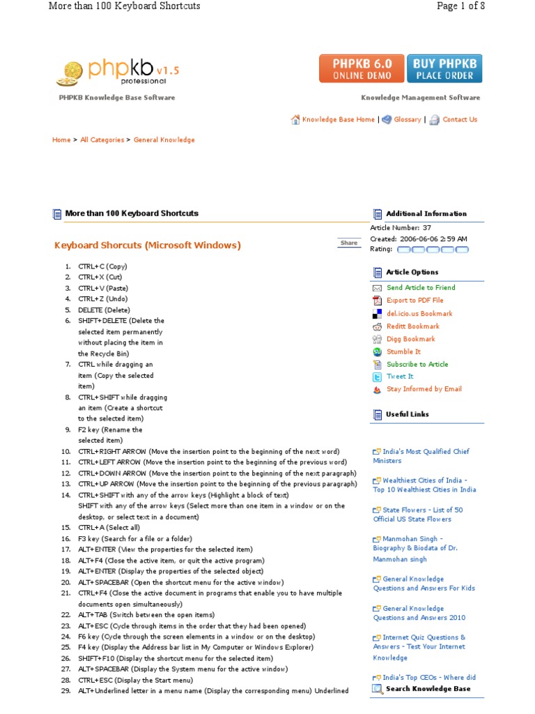 More Than 100 Keyboard Shortcuts | PDF | Computer Keyboard | Microsoft ...