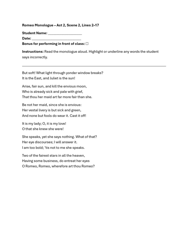 Romeo and Juliet Monologue | PDF