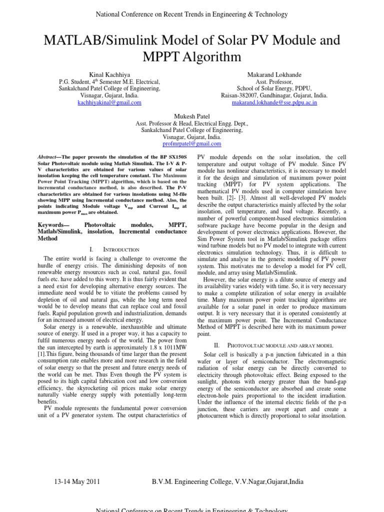 MATLAB/Simulink Model of Solar PV Module and MPPT Algorithm: Kinal ...