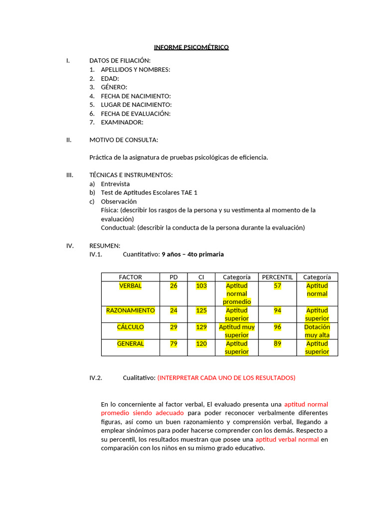 Modelo de Informe Tae 1 y 2 | PDF