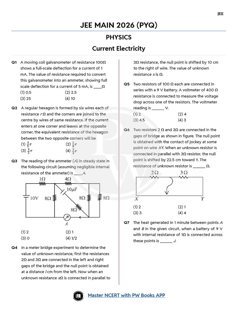 JEE Main 2026 Qs Current Electricity | PDF | Electricity | Electromagnetism