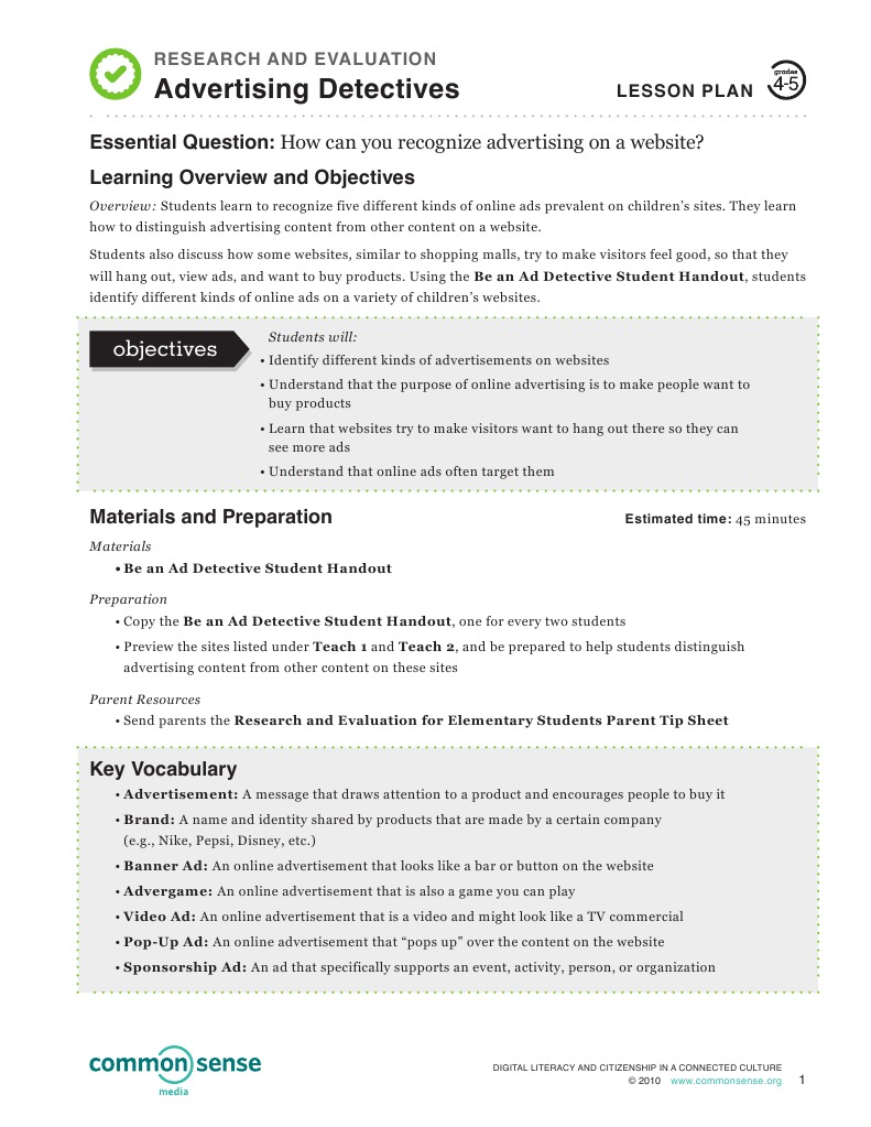 4-5-Evaluation-Ad Detectives-Lessonplan | PDF | Advertising | Online ...