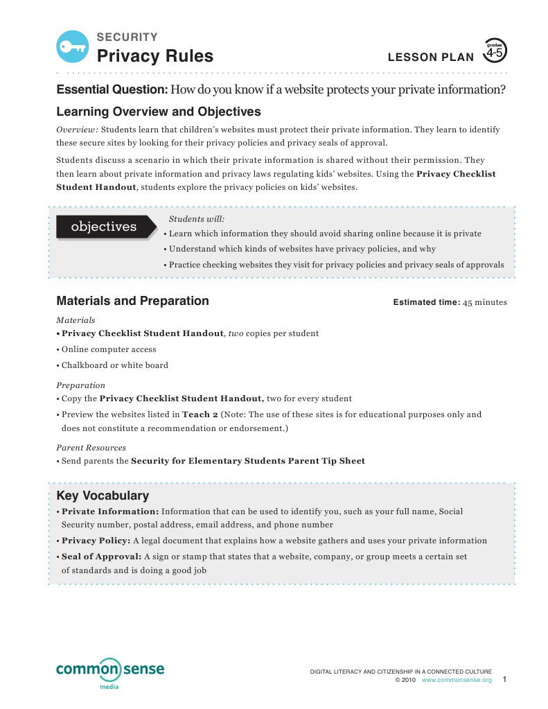 4-5-Security-Privacy Rules-Lessonplan | PDF | Internet Privacy ...