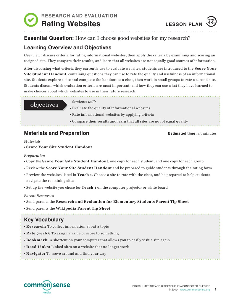 4-5-Evaluation-Rating Websites-Lessonplan | PDF | Lesson Plan | Websites