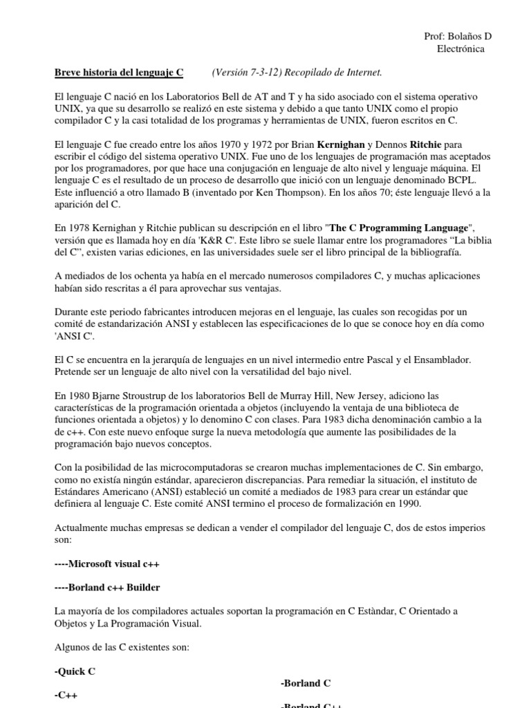 Breve Historia Del Lenguaje C | PDF | Unix | Lenguaje de programación