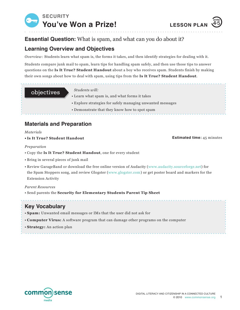 4-5-Security-Youve Won Prize-Lessonplan | PDF | Email Spam | Spamming