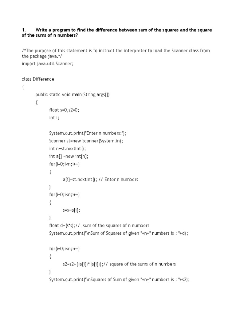 Write A Program To Find The Difference Between Sum of The Squares and ...