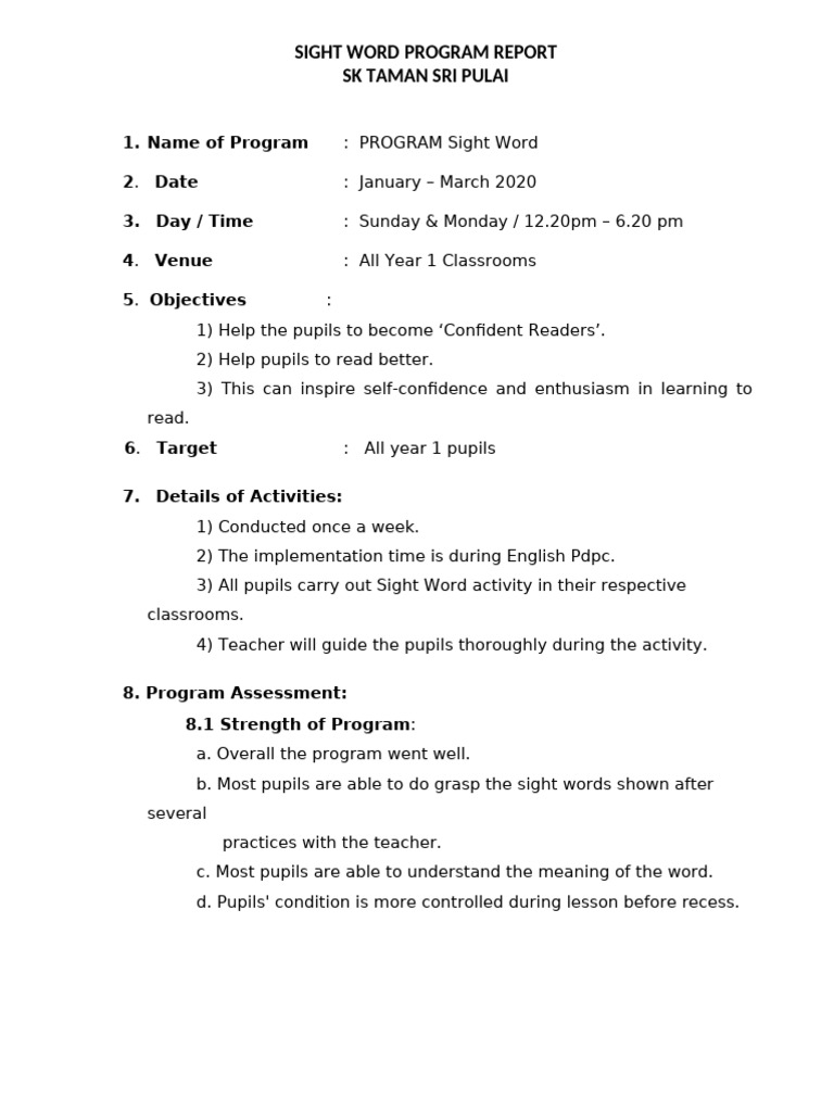 Report Sight Word Program | PDF