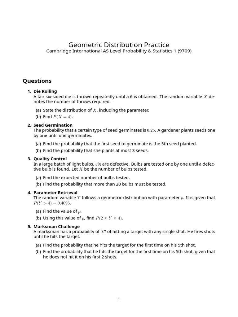 Geometric Distribution Worksheet | PDF | Seed | Probability