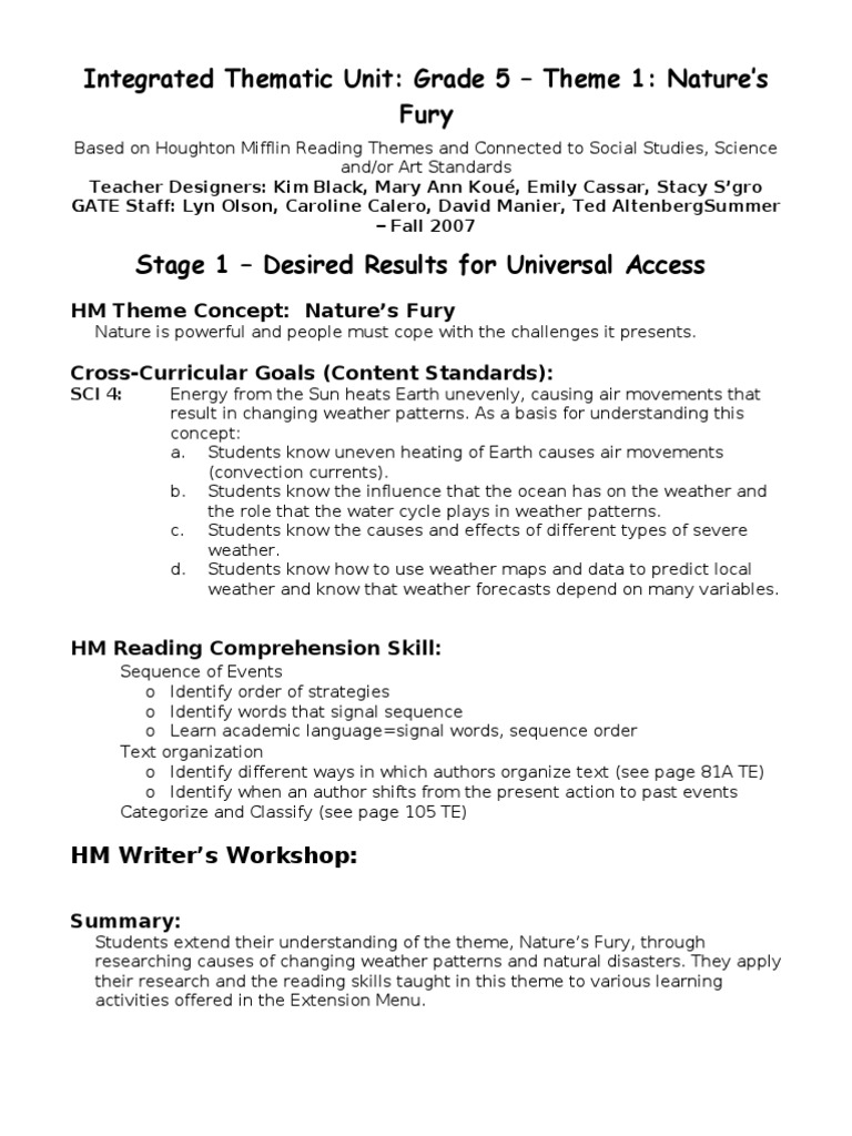 Integrated Thematic Unit: Grade 5 - Theme 1: Nature's Fury | PDF ...