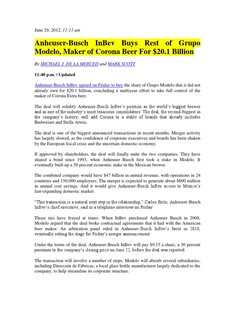 Anheuser-Busch InBev Buys Corona Beer For $20.1 Billion | PDF ... Anheuser-Busch InBev Buys Corona Beer For $20.1 Billion | PDF ...