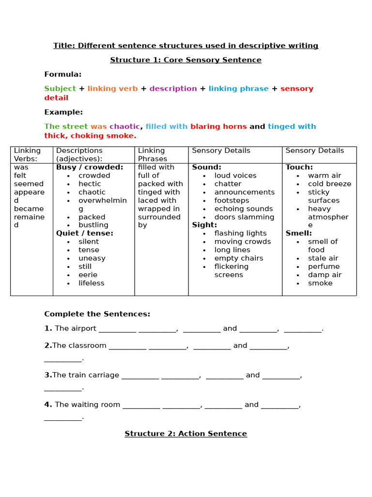 Descriptive Writing Sentence Structure | PDF | Verb | Linguistics