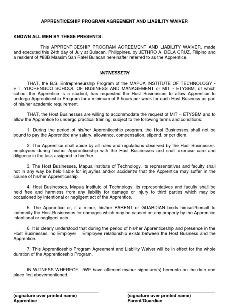 Apprenticeship Program Agreement and Liability Waiver-1 ...