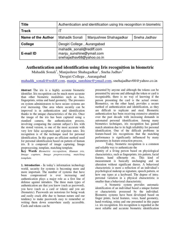 Authentication and Identification Using Iris Recognition in Biometric | PDF | Biometrics | Image ...