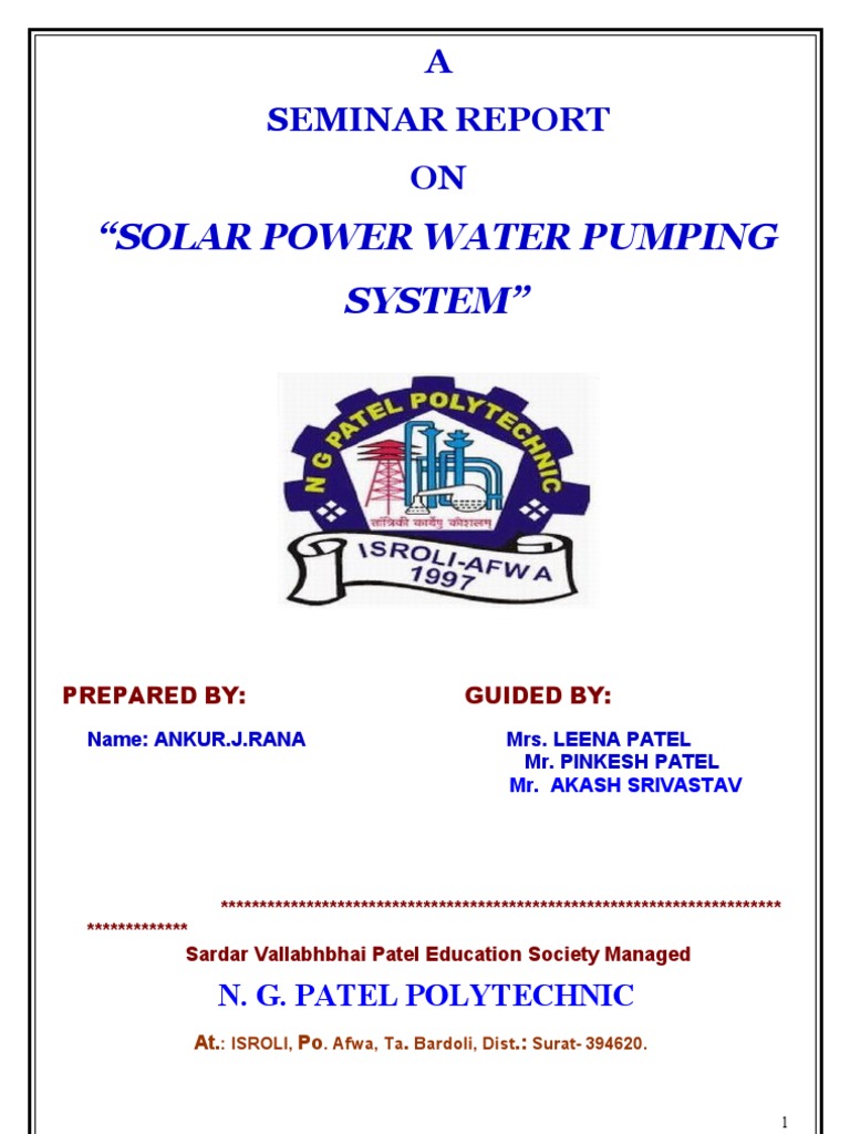 "Solar Power Water Pumping System": A Seminar Report ON | PDF | Solar ...