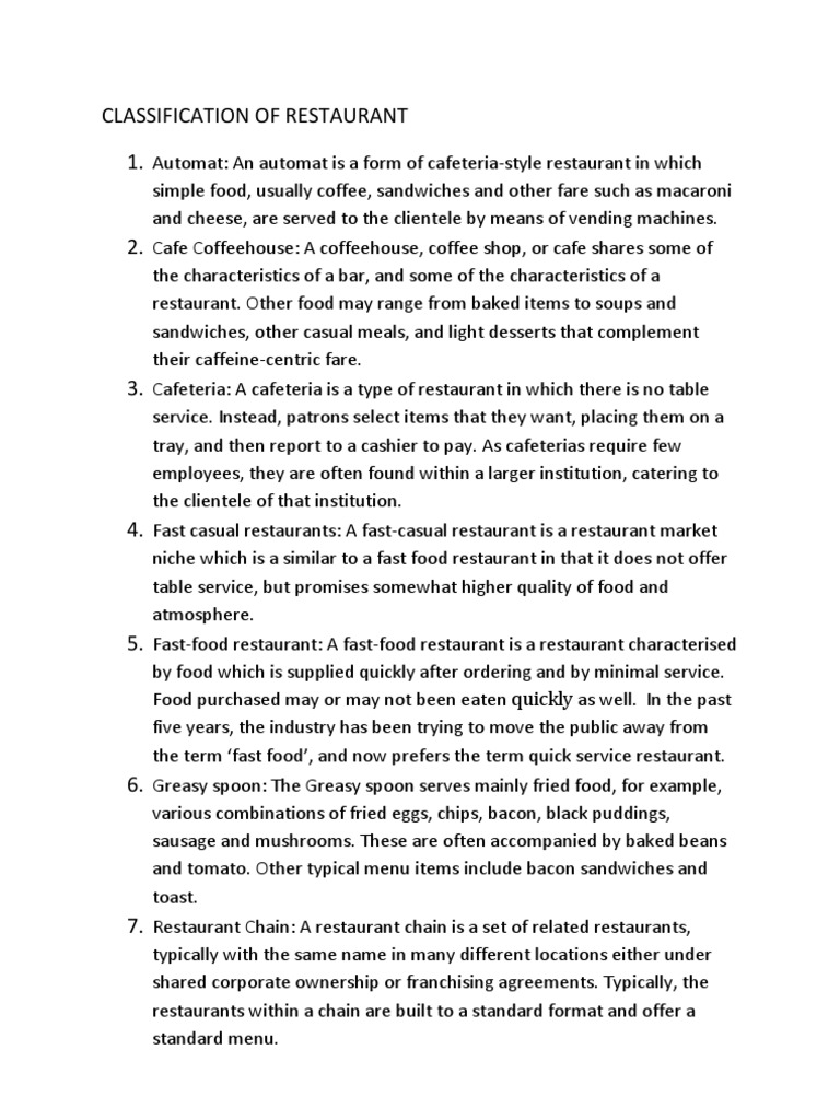 Classification of Restaurant | PDF | Restaurants | Coffeehouse Classification of Restaurant | PDF | Restaurants | Coffeehouse