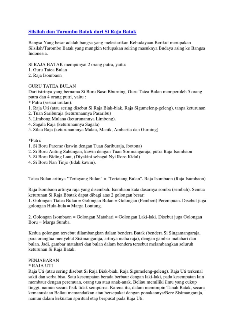 Silsilah Dan Tarombo Batak Dari Si Raja Batak | PDF