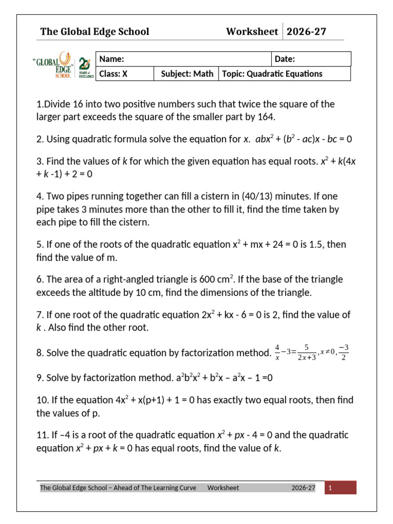 Grade 10 Math Quadratic Equations Worksheet 2026-27 | PDF | Quadratic ...