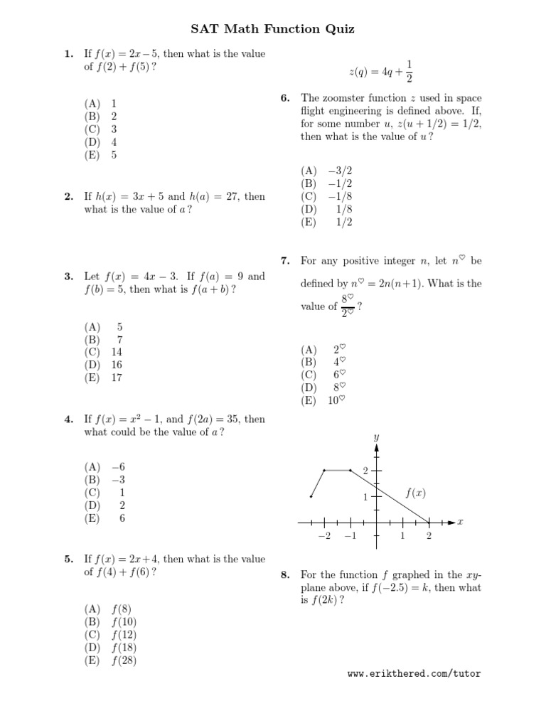 Sat Math Function Quiz Pdf Function Mathematics Cartesian 1696