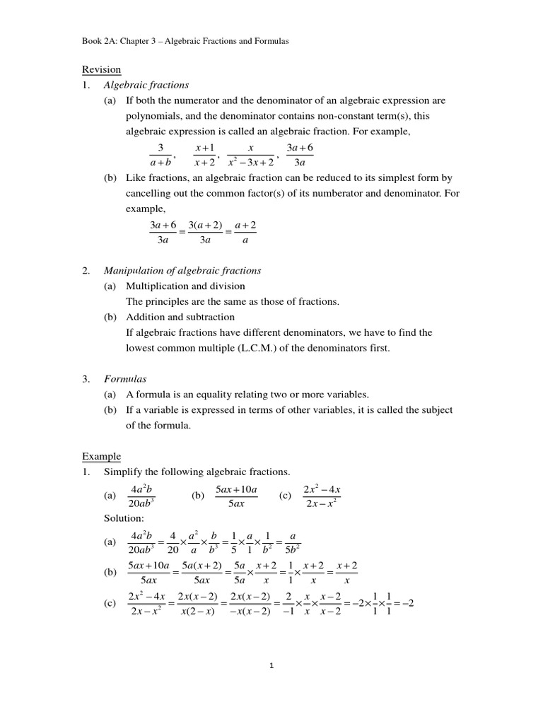 Revision_2A03_Algebraic Fractions and Formulas | PDF | Abstract Algebra ...