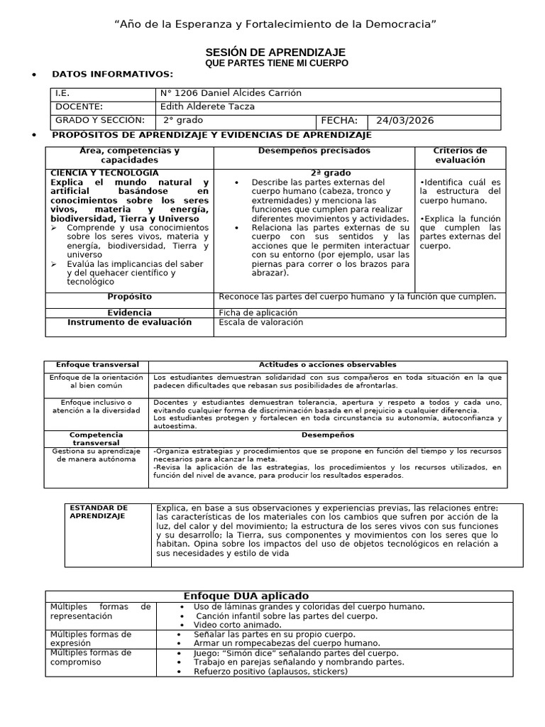 1° U0 S2 SESION D3 CT QUÉ PARTES TIENE MI CUERPO | PDF | Aprendizaje ...