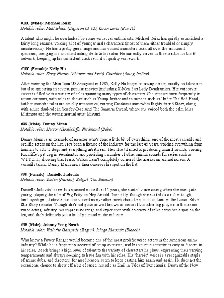 Top 100 Voice Actors and Actresses of All Time | PDF | Voice Acting ...