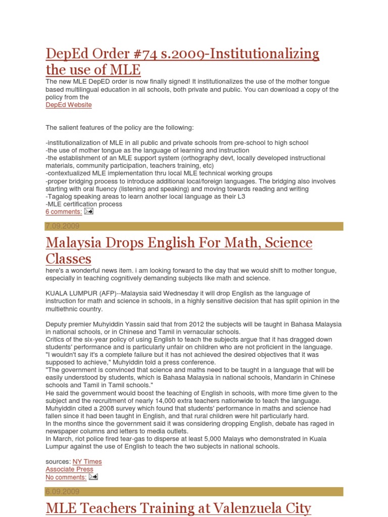 Deped Order #74 S.2009-Institutionalizing The Use of Mle | Download ...