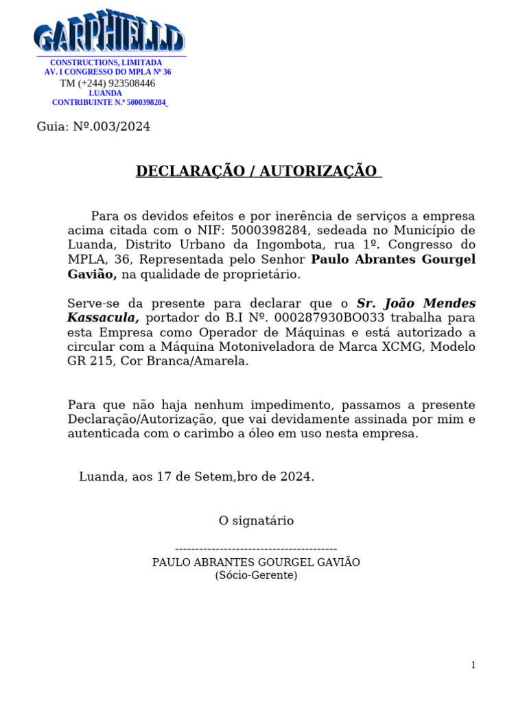 Autorizacao Motoniveladora Mendes 003 | PDF