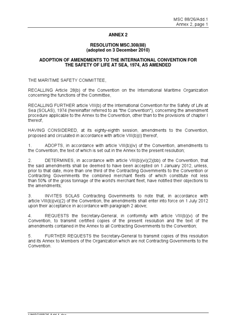MSC.308 (88) - Amendments To SOLAS | PDF | Constitutional Amendment ...