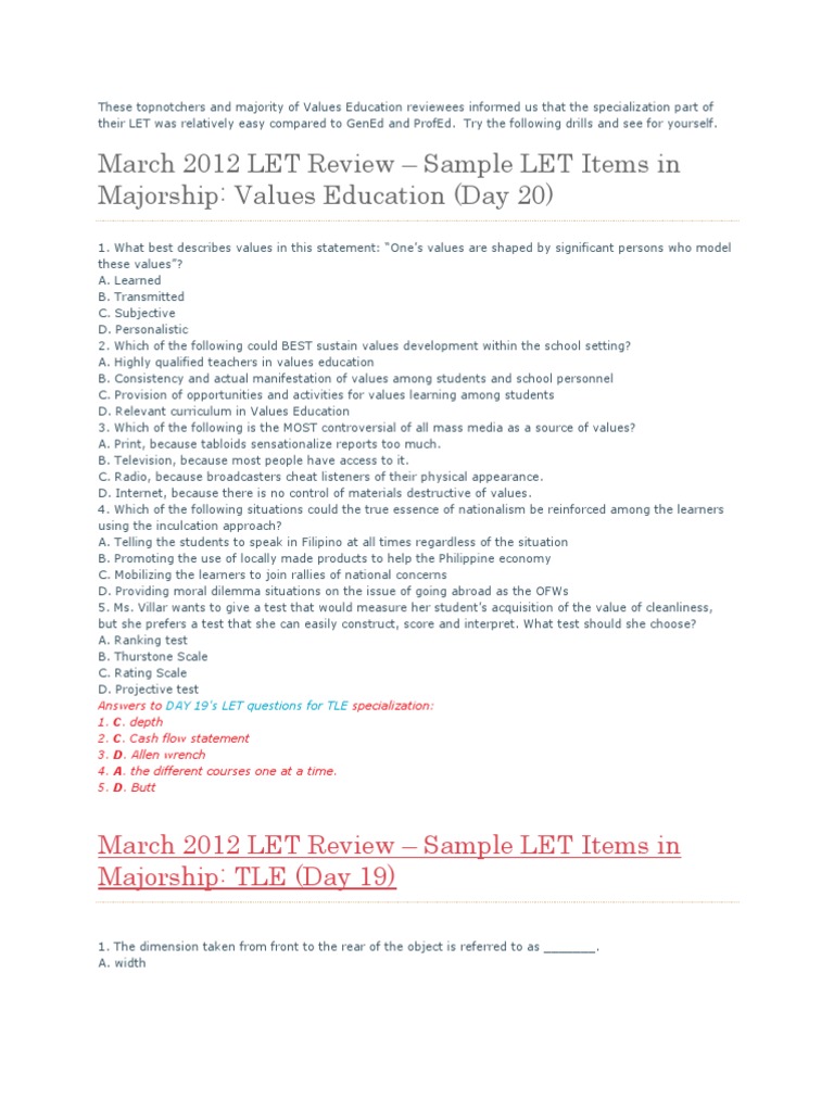 LET Review: Values Education Focus | PDF | Social Science