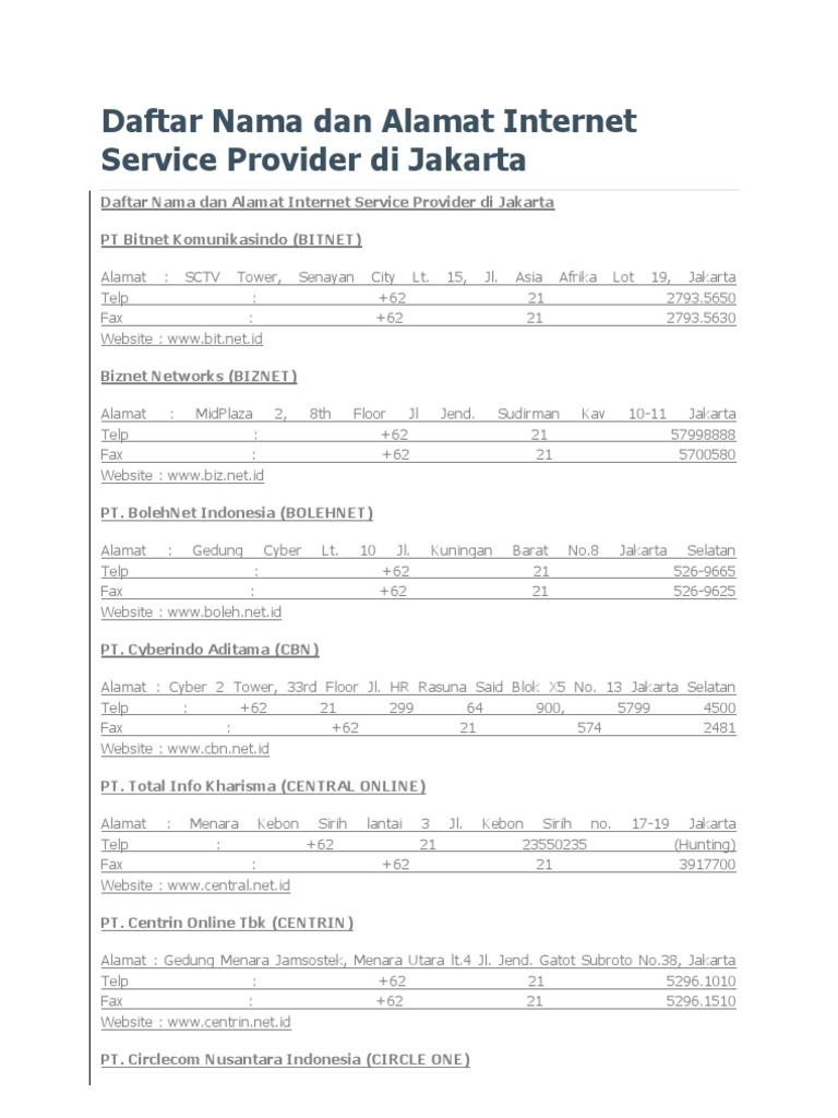 Daftar ISP di Jakarta dan Alamatnya | PDF